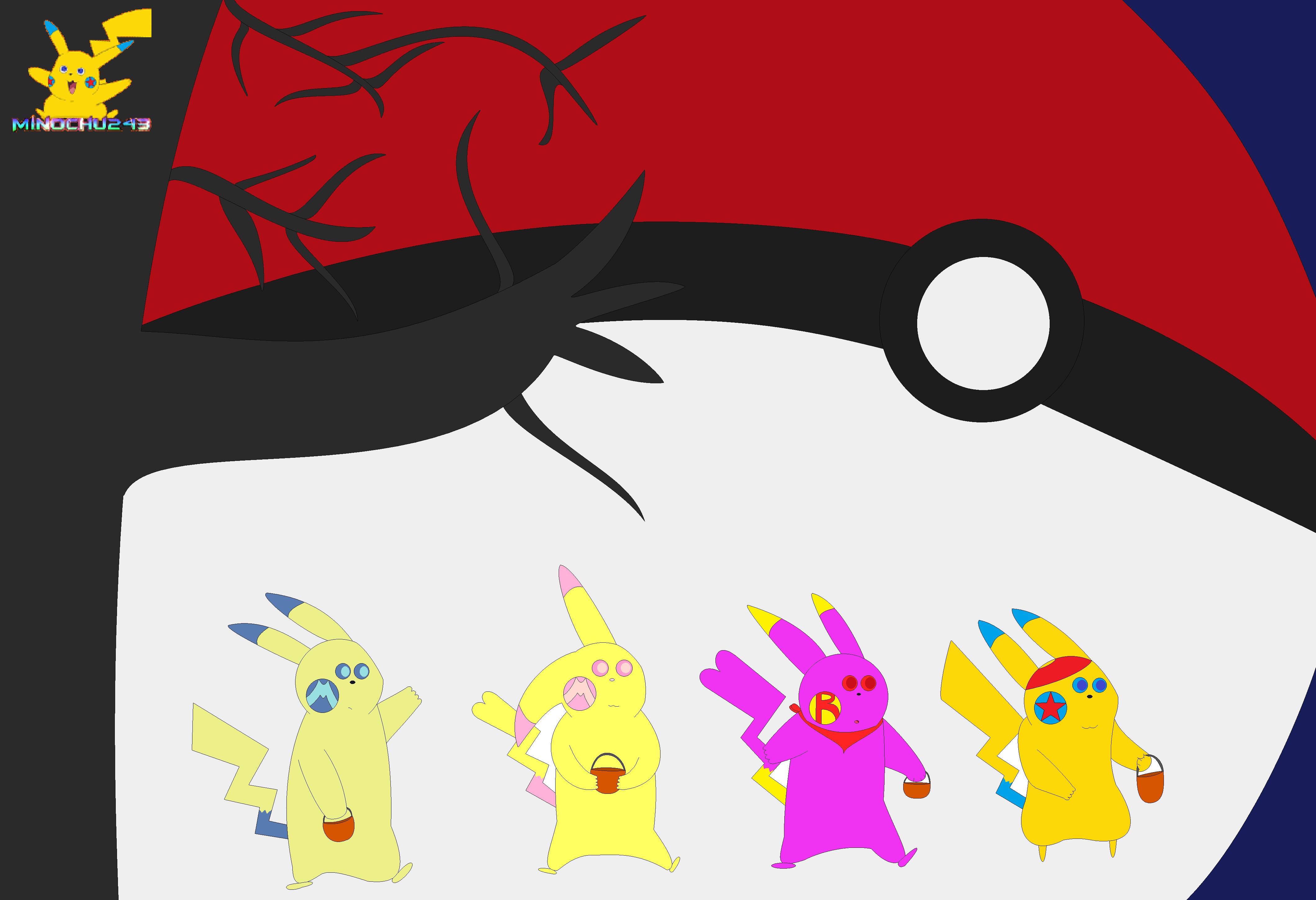 4 Pikachus and a Pokéball by Minochu243