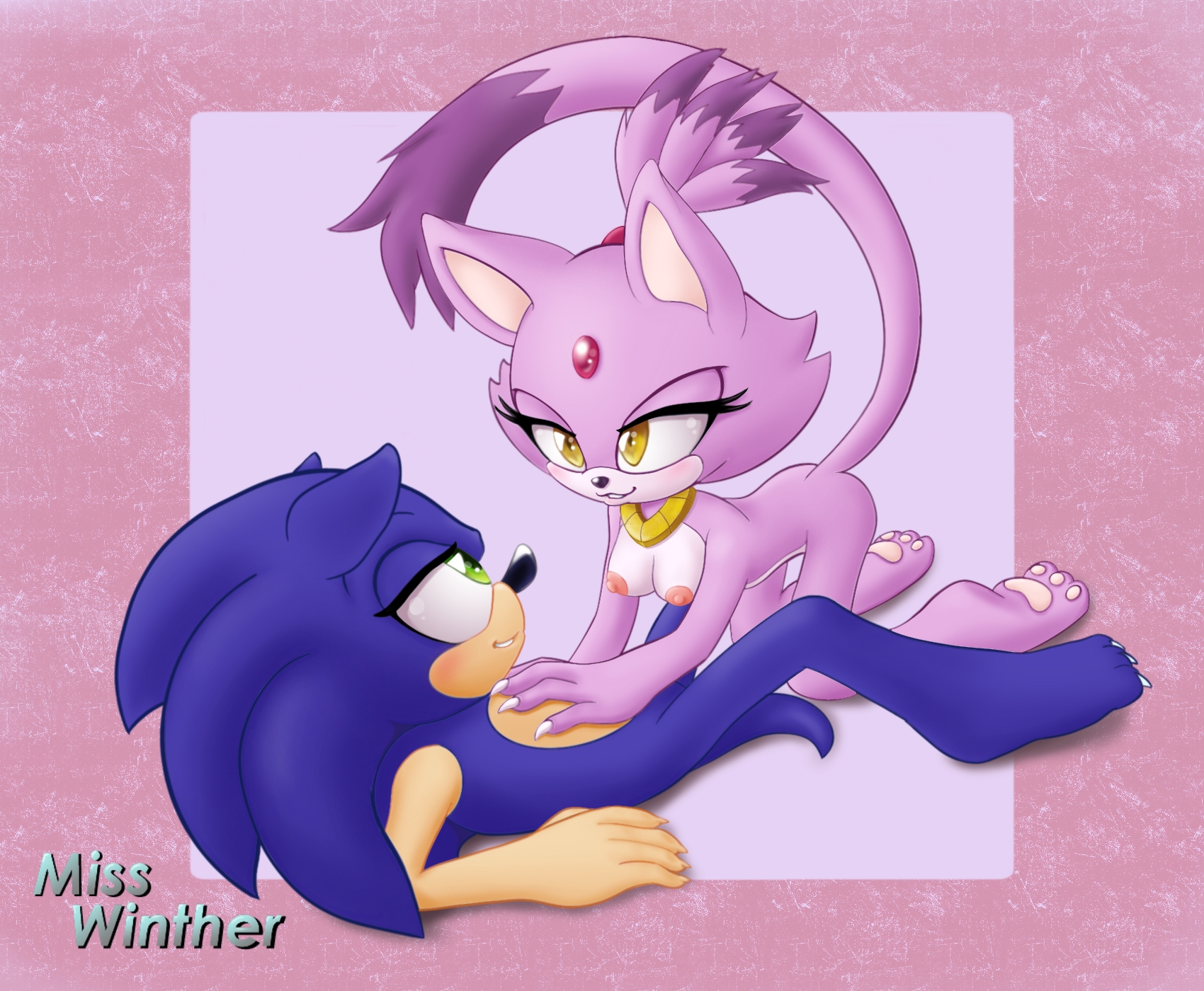 Rule 34 Anthro Bedroom Eyes Blaze The Cat Blush Breasts Claws Domestic Cat Duo Eulipotyphlan