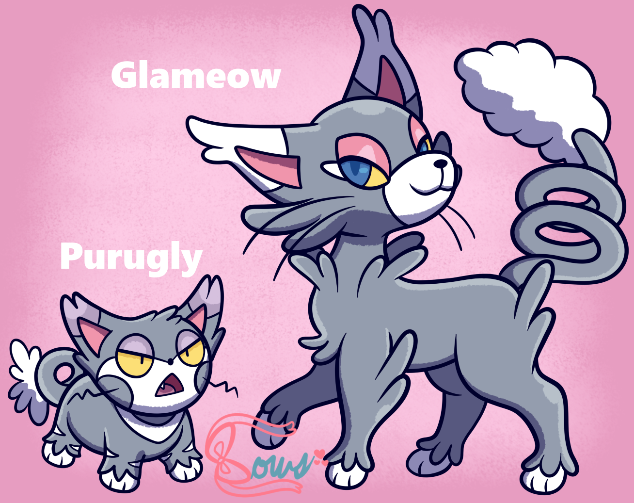 Pokemon Evolution Swap: Purugly and Glameow by Bowsaremyfriends