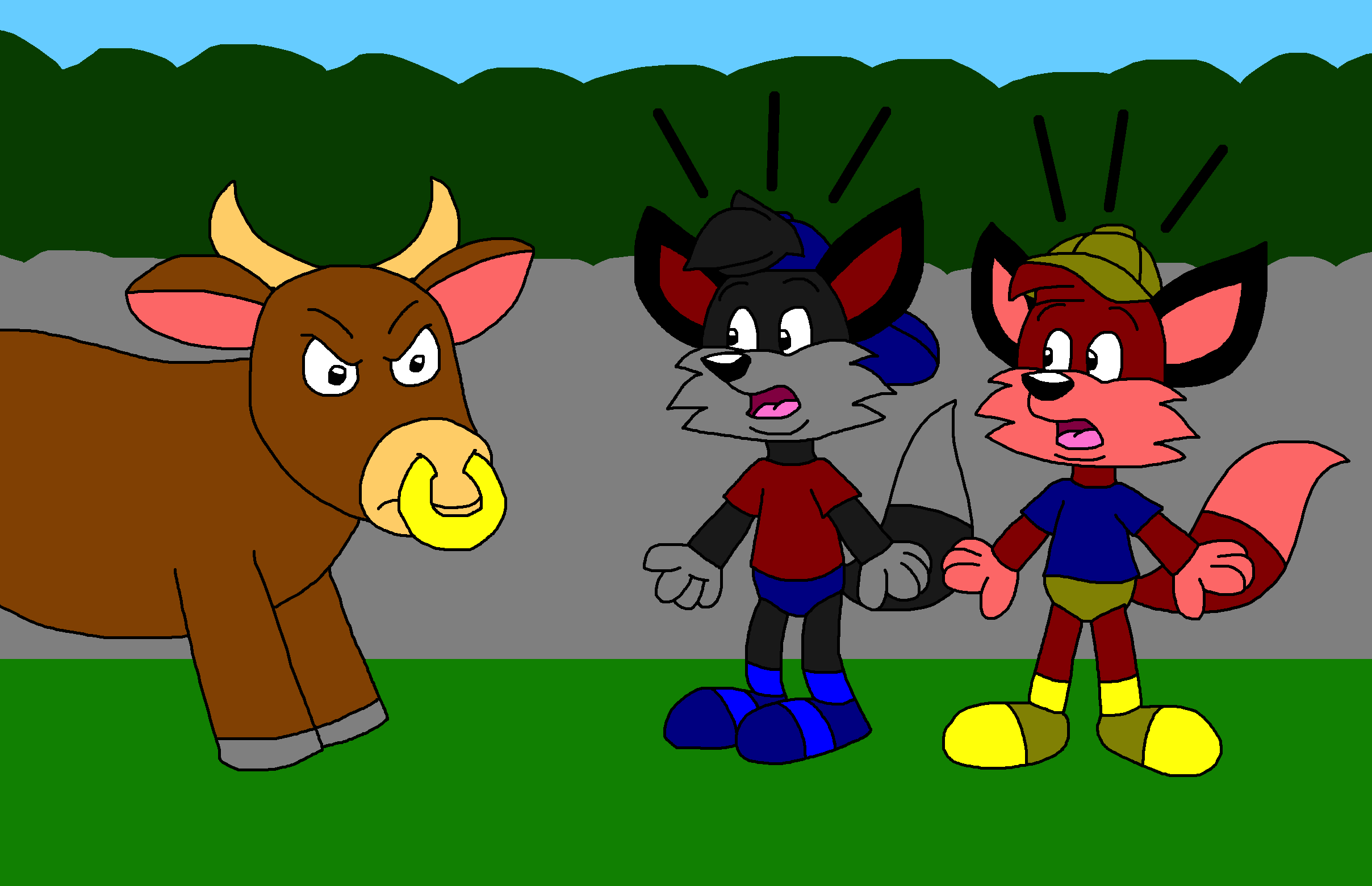 Angry Bull Scared Dexter and Rudi by CartoonFoxArt2002