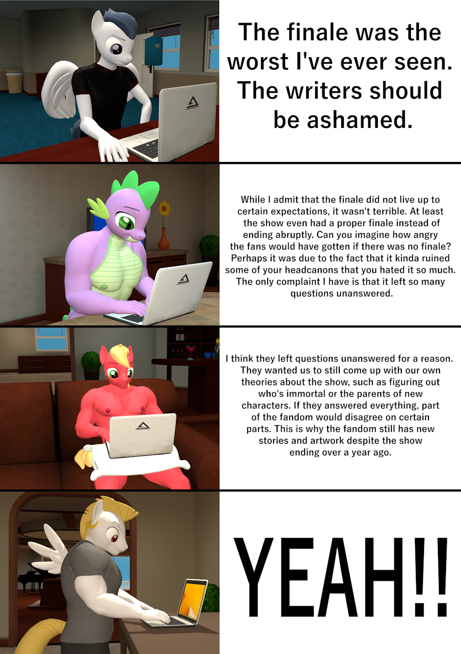 Buff ponies (and dragon) help out a nerdy colt by PapaDragon69